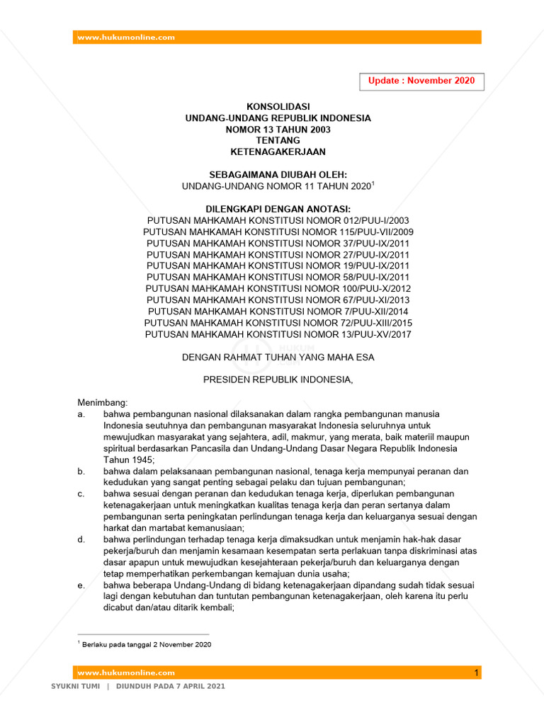 Konsolidasi Uu No 13 THN 2003 TTG Ketenagakerjaan | PDF