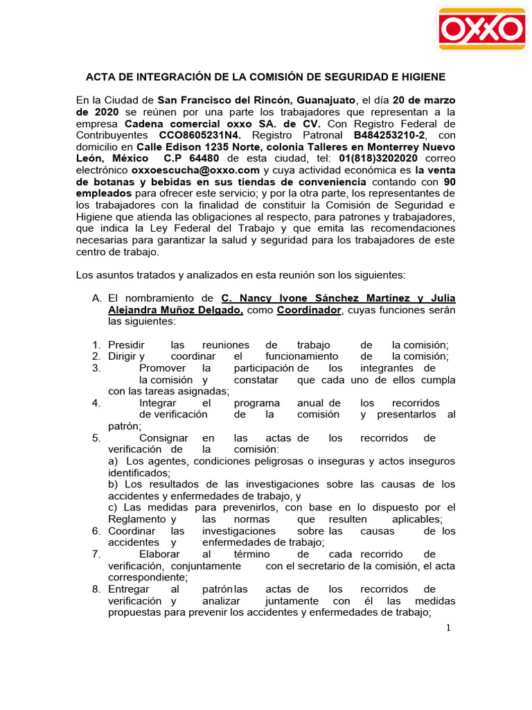 Acta de Integracion de La Comision de Seguridad e Higiene | PDF Acta de Integracion de La Comision de Seguridad e Higiene | PDF