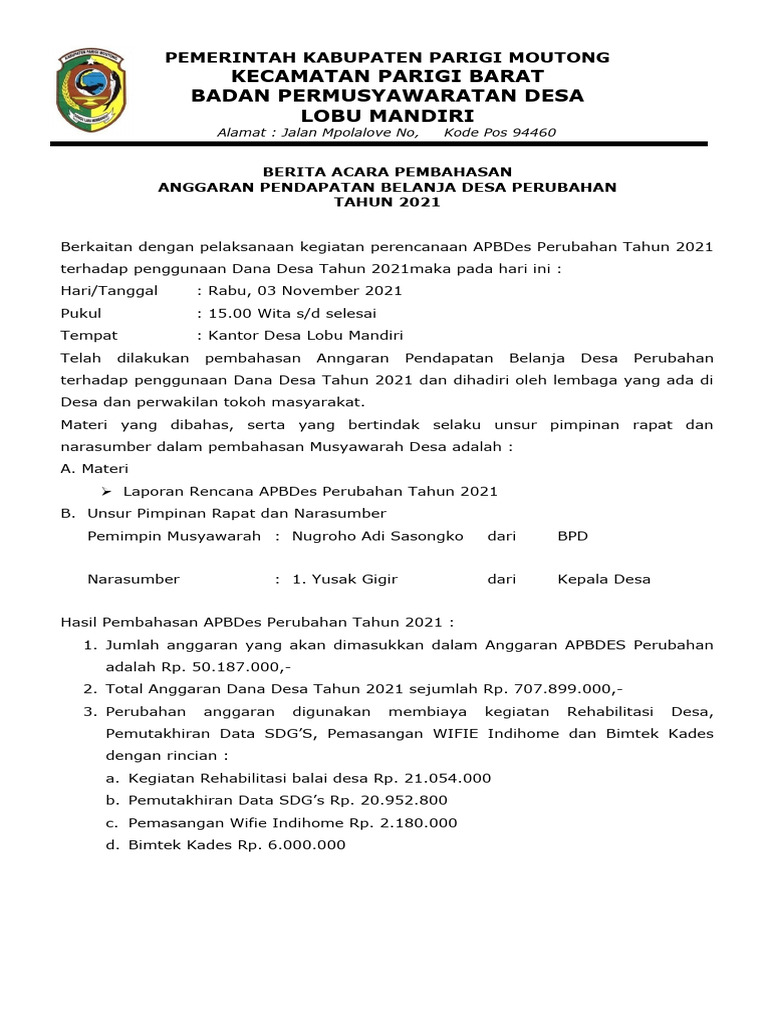 BA Pembahasan APBDes Perubahan 2021 | PDF
