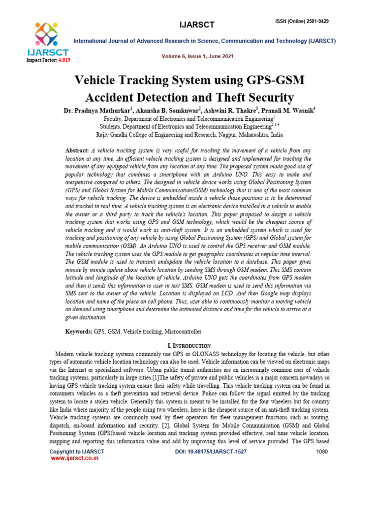 Vehicle Tracking System Using Gps Gsm Accident Detection And Theft Security Pdf Global