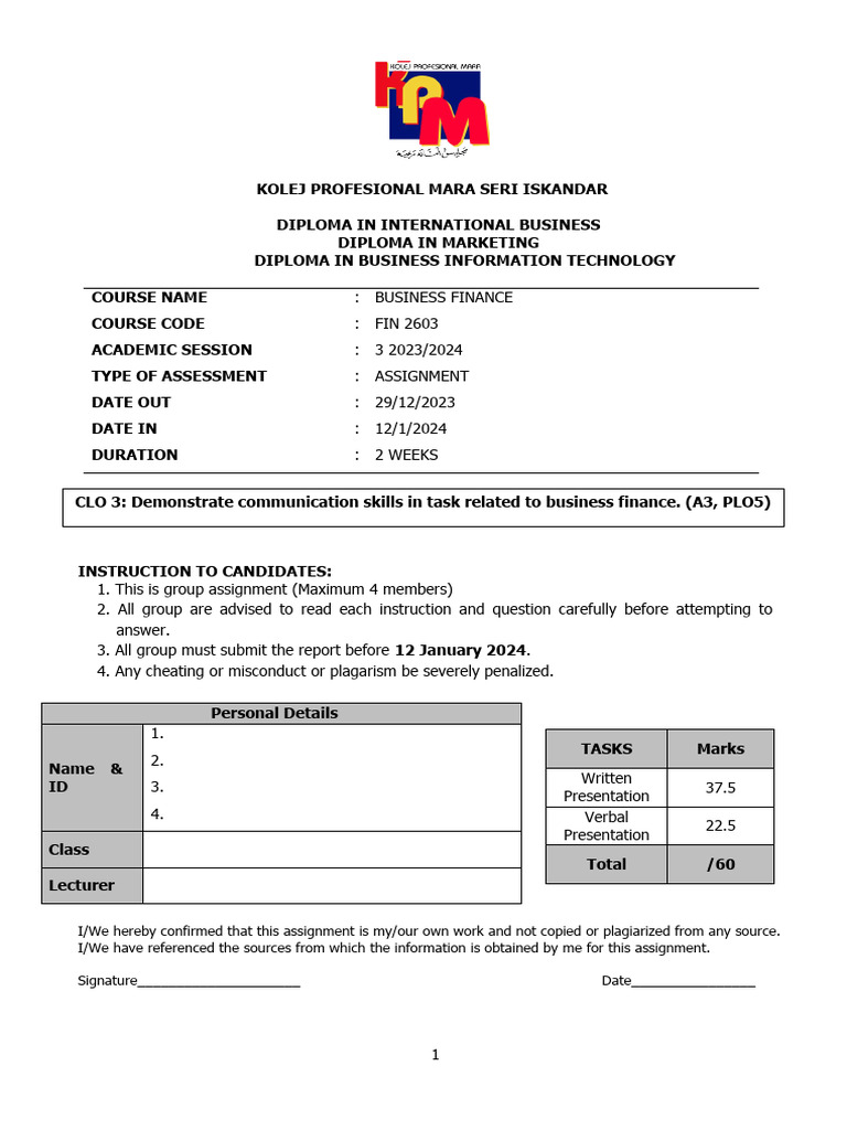 Assignment Fin 2603 Session 3 2023 | PDF | Debt | Inventory