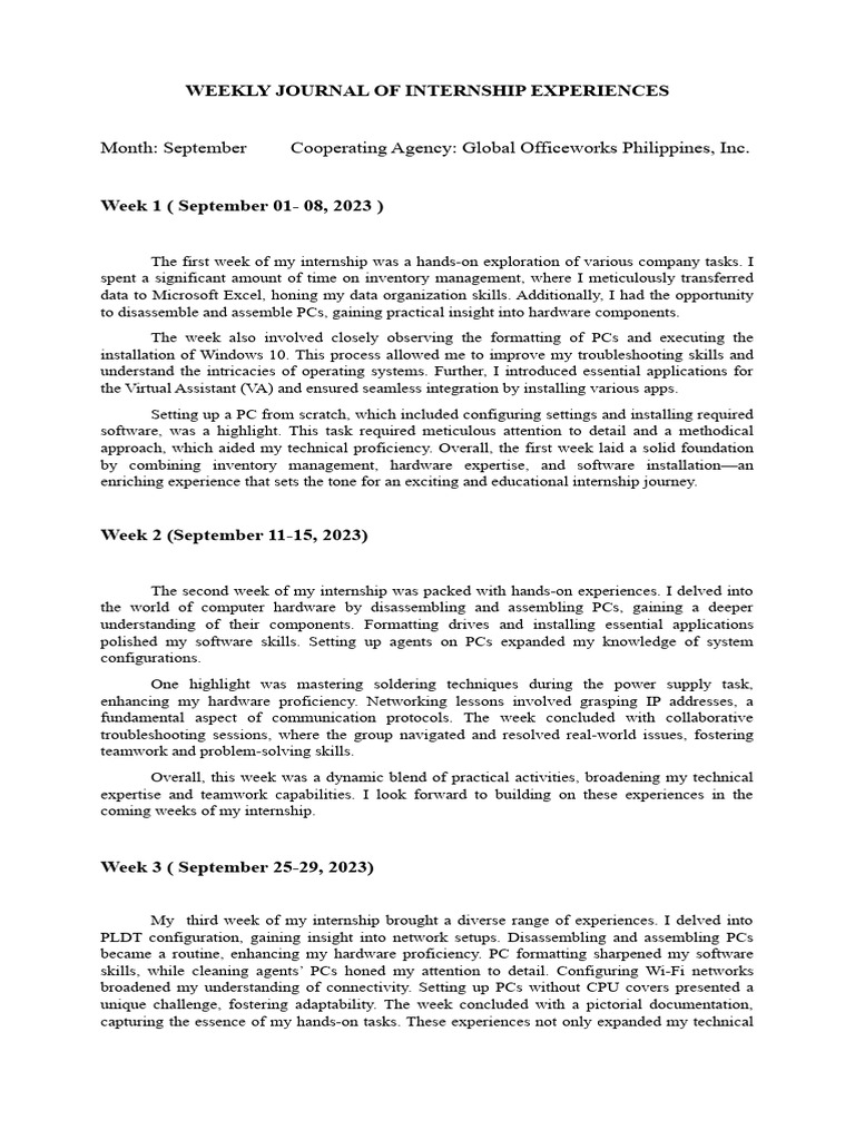 OJT Weekly Journal: Internship Insights | PDF | Career & Growth | Business