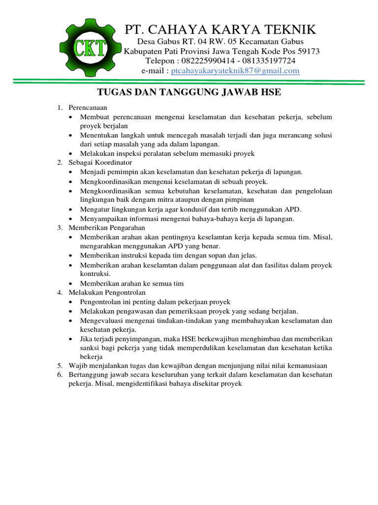 Tugas Dan Tanggung Jawab Hse-Indah Asriyani - 240117 - 135442 | PDF
