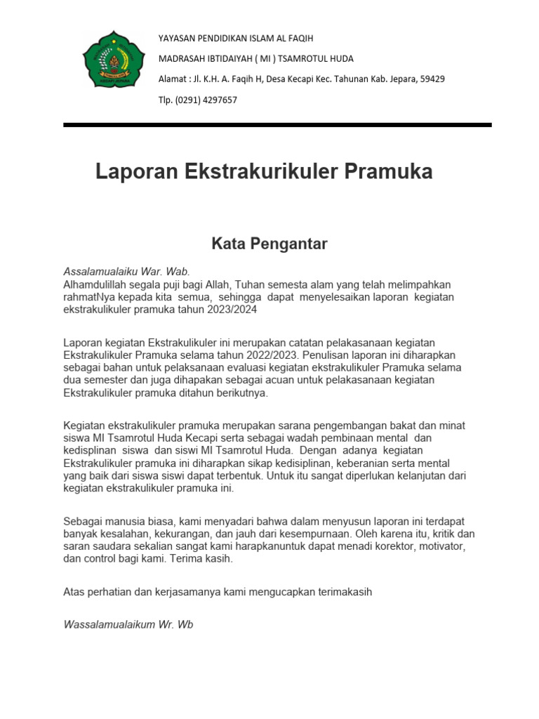 Laporan Ekstrakurikuler Pramuka MI Huda | PDF