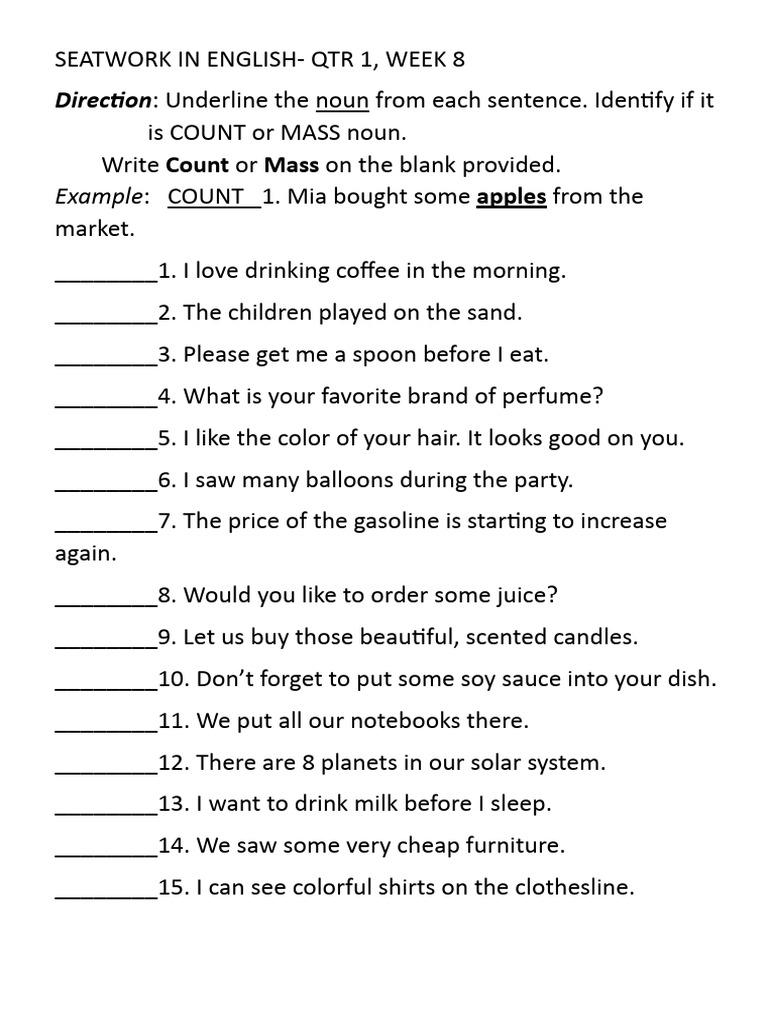 MASS COUNT NOUN Worksheet | PDF | Noun | Linguistic Morphology