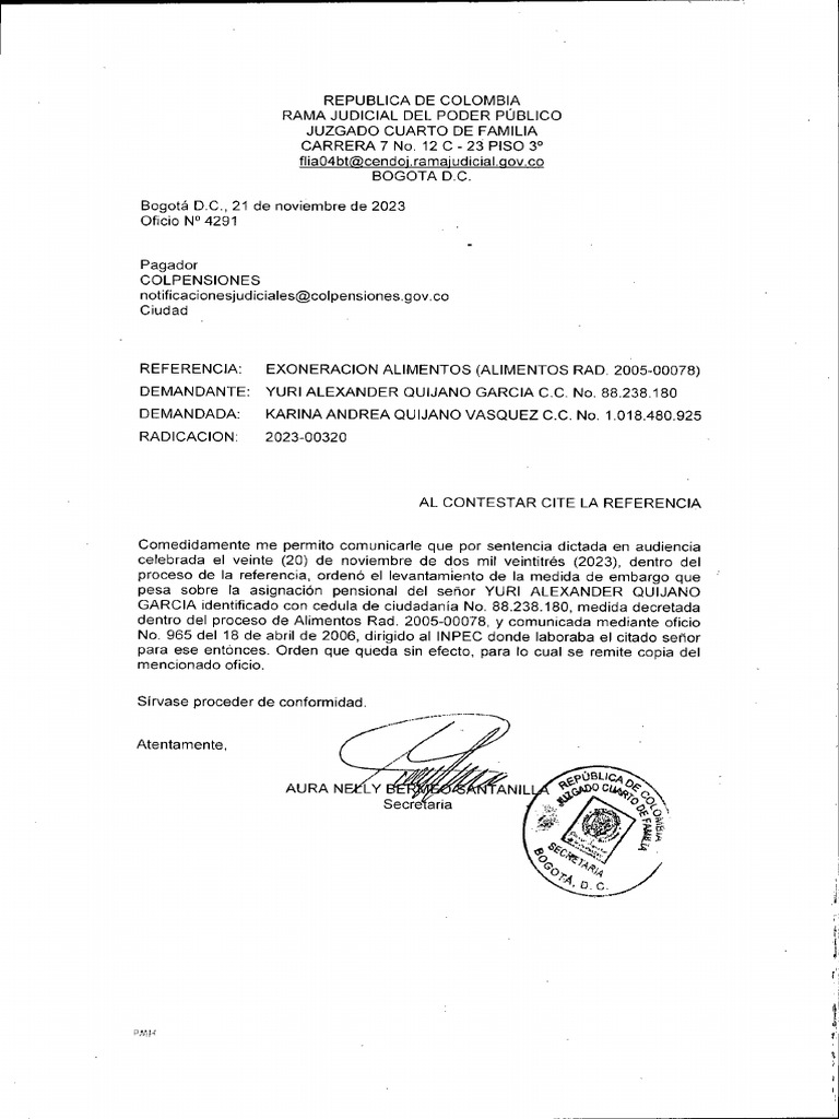 OFICIO No. 4291 RAD. 2023-00320 EXON. ALIMENTOS | PDF OFICIO No. 4291 RAD. 2023-00320 EXON. ALIMENTOS | PDF