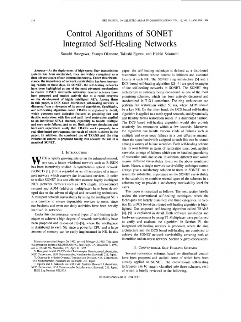 Control Algorithms of SONET Integrated Self-Healing Networks | PDF | Computer Network | Computing