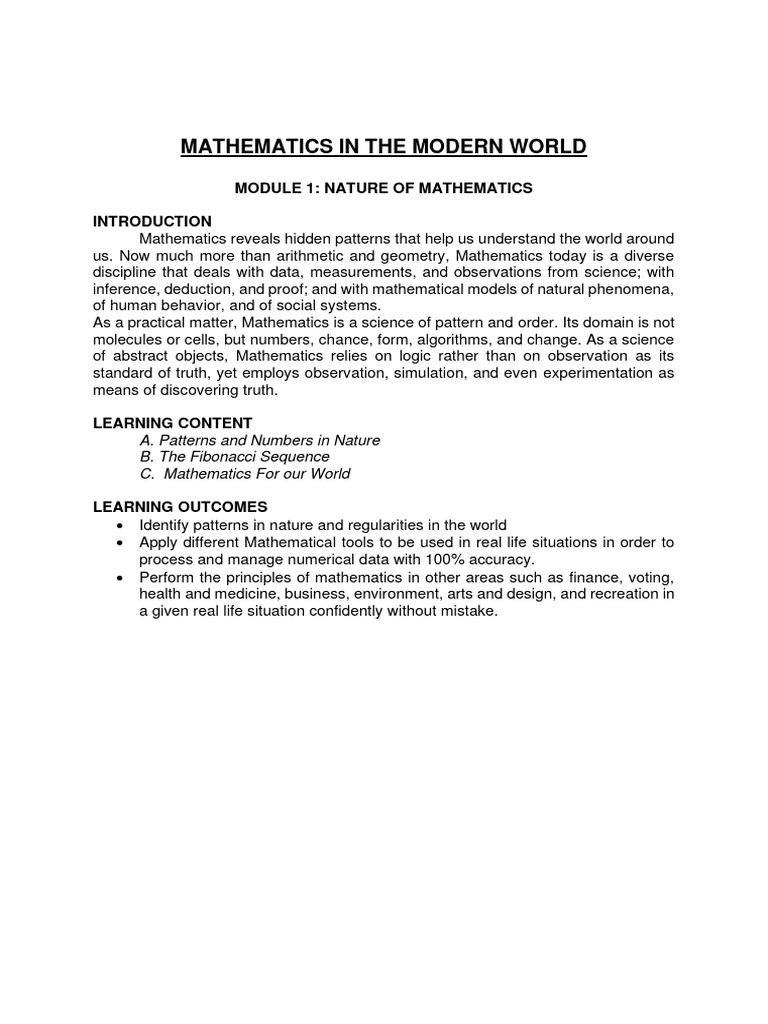 Module 1 Nature of Mathematics | PDF | Pattern | Mathematics