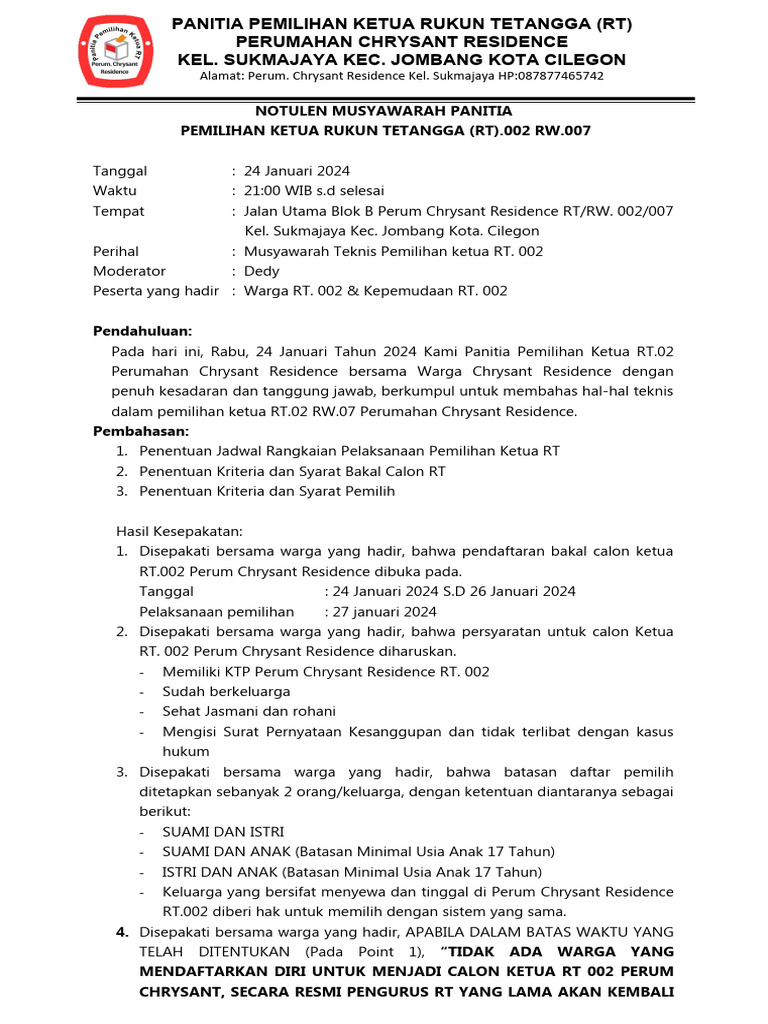 Notulen Musyawarah Panitia RT | PDF