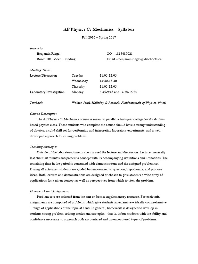 AP Physics C: Mechanics Syllabus 2016-17 | PDF | Momentum | Acceleration