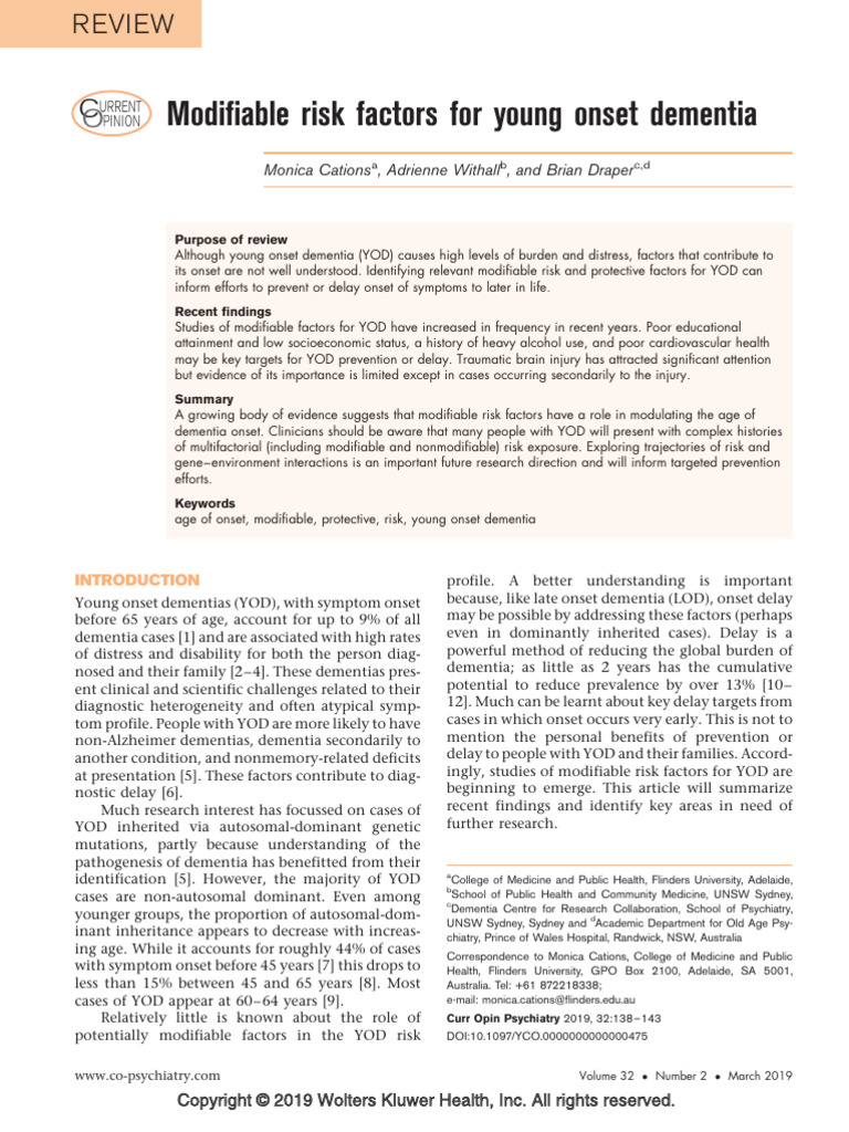 Modifiable Risk Factors For YOD | PDF | Dementia | Alzheimer's Disease