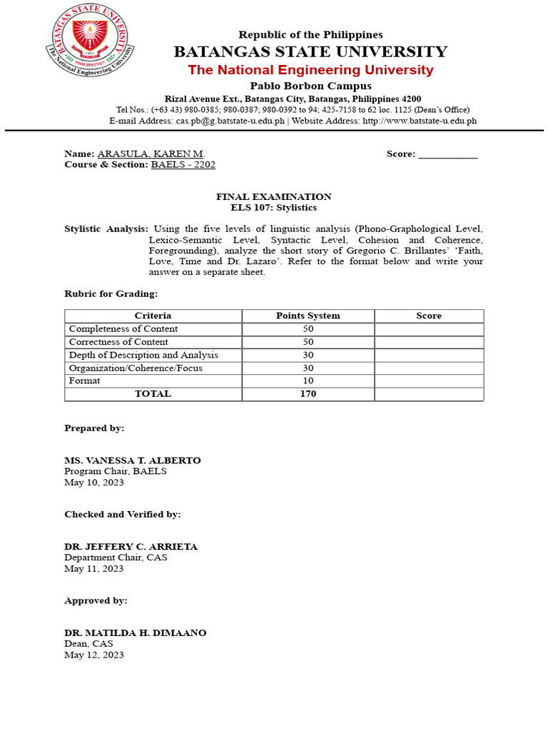 ELS 107 (STYLISTIC ANALYSIS) Karen Arasula-2 | PDF | Verb | Adjective