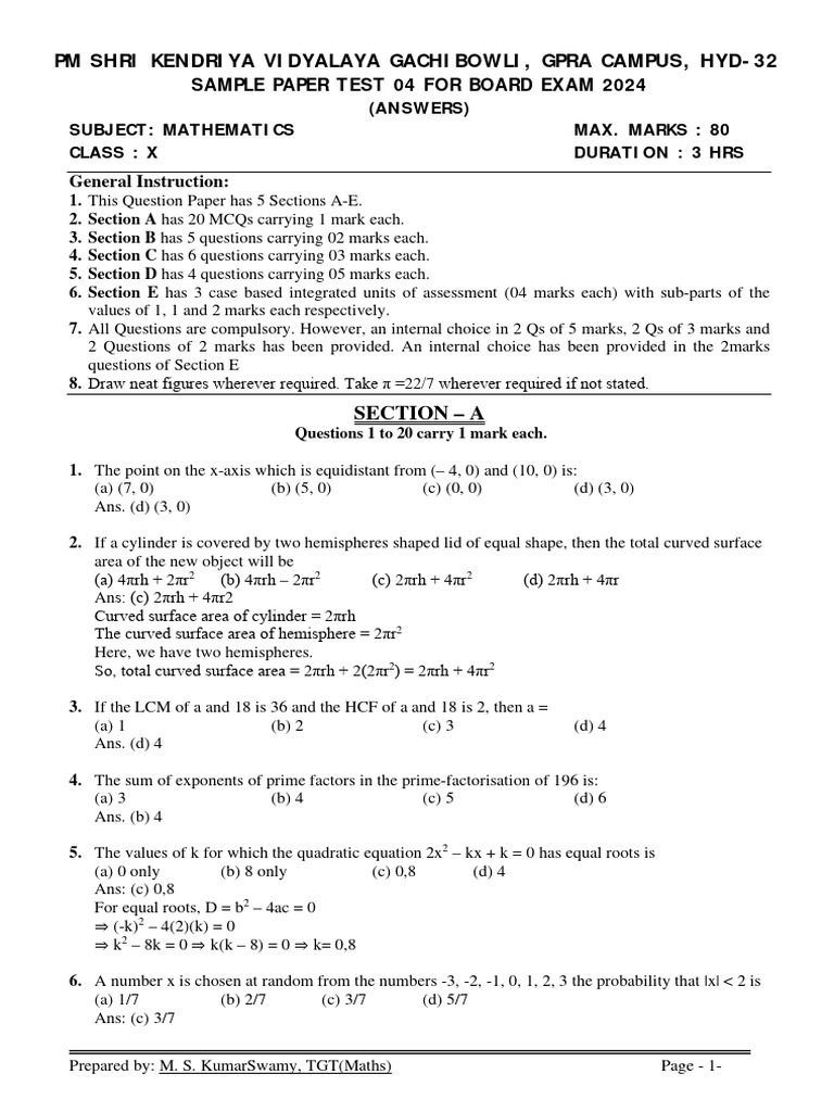 Class 10 Maths Sample Paper 2024 | PDF | Multiple Choice | Elementary ...