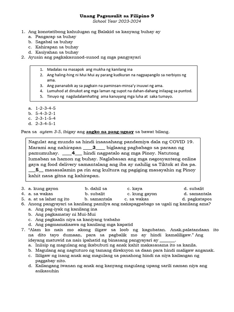 Unang Pagsusulit Sa Filipino 9 | PDF
