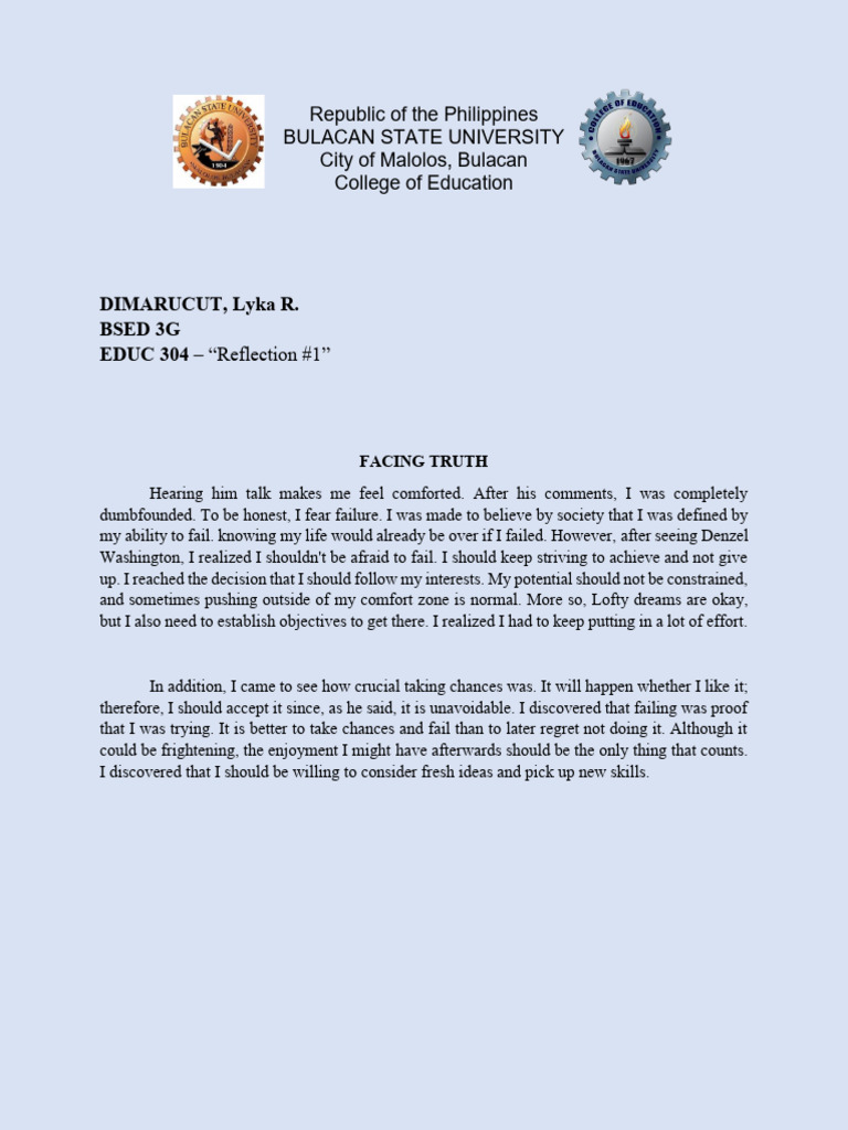 DIMARUCUT, Lyka - EDUC 304 - Reflection 1 | PDF | Self-Improvement ...