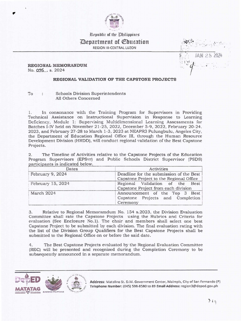 RM No. 076 S.2024 Regional Validation of The Capstone Projects | PDF