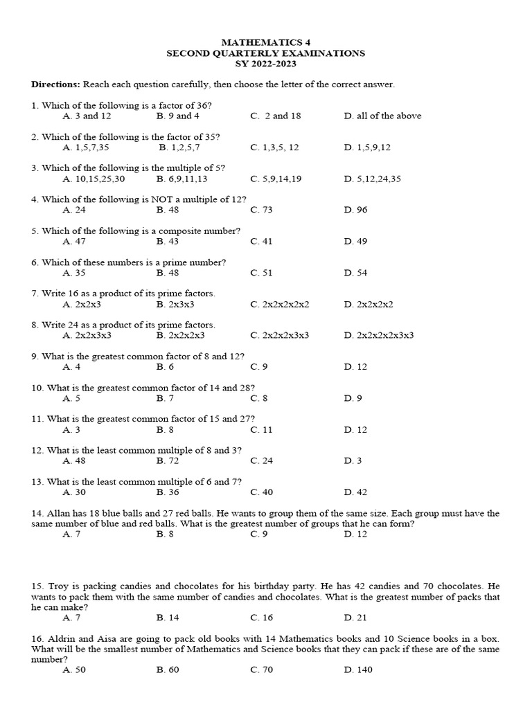 PT Math4 Q2 | PDF | Mathematical Notation | Numbers