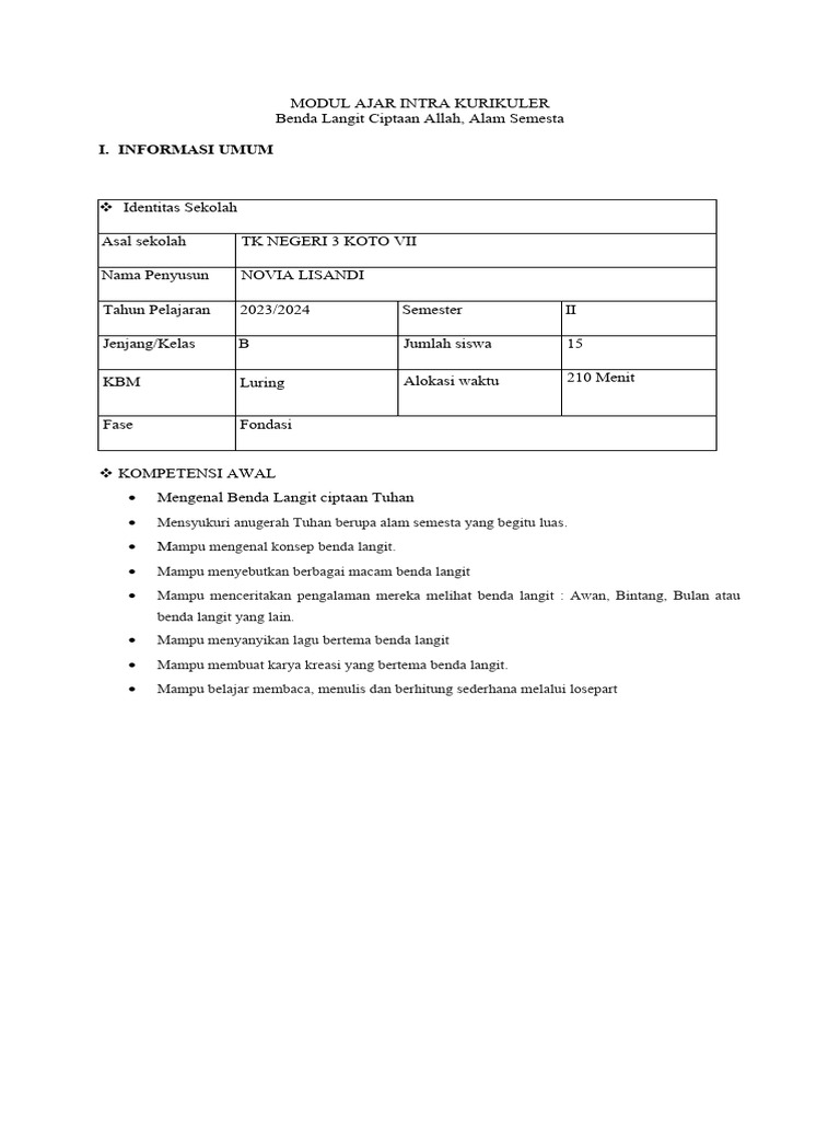 Modul Ajar Benda Langit Untuk Tk Pdf Karier Perkembangan Seni