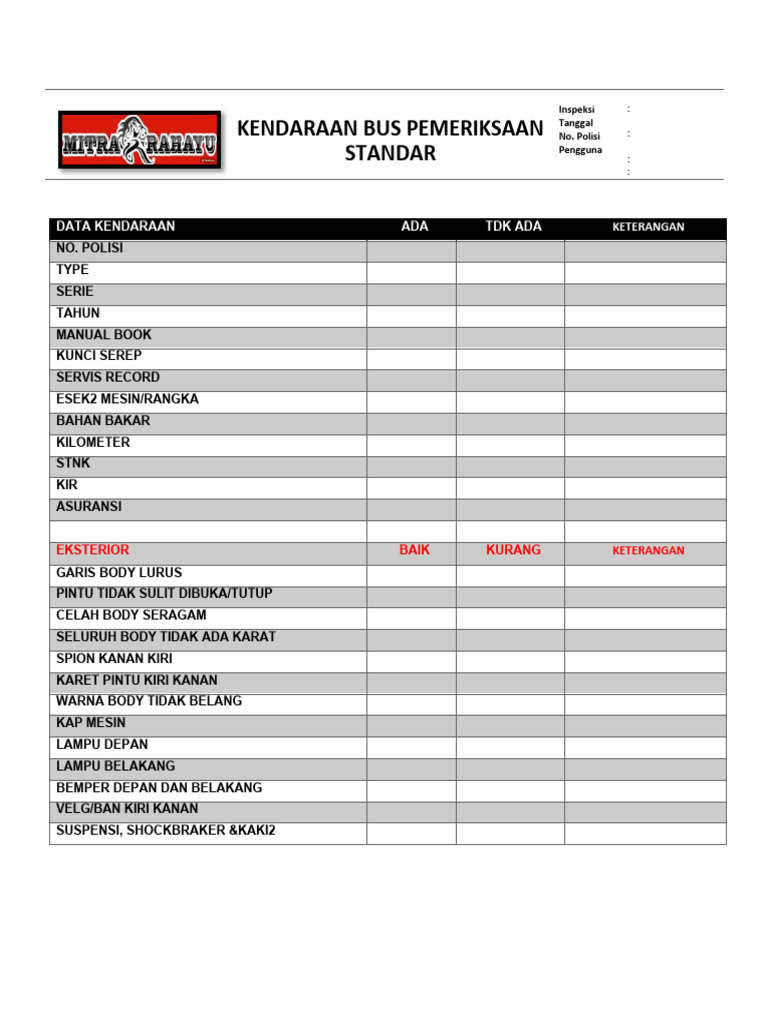 Checklist Inspeksi Kendaraan Bus | PDF