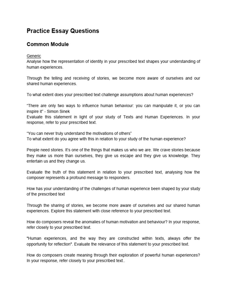 Practice Essay Questions ALL MODULES | PDF | T. S. Eliot | Experience