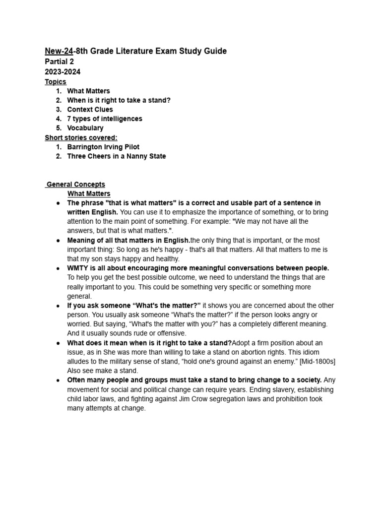 8th Grade Literature Exam Study Guide | PDF | Science & Mathematics