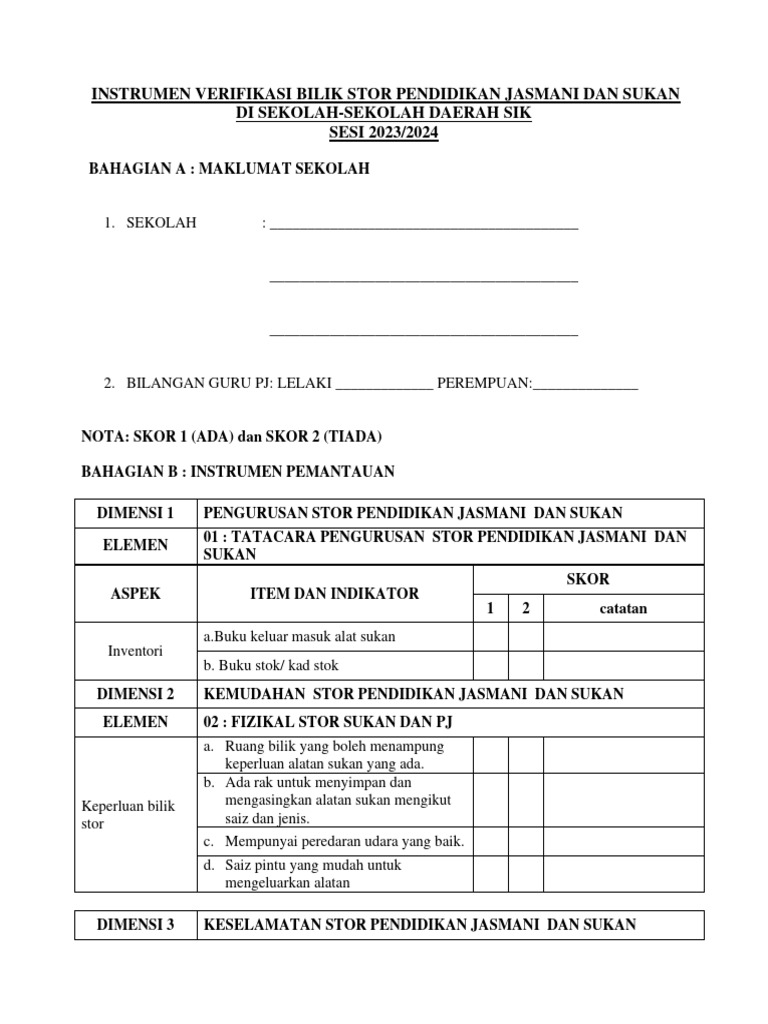 Instrumen Verifikasi Stor Sukan | PDF