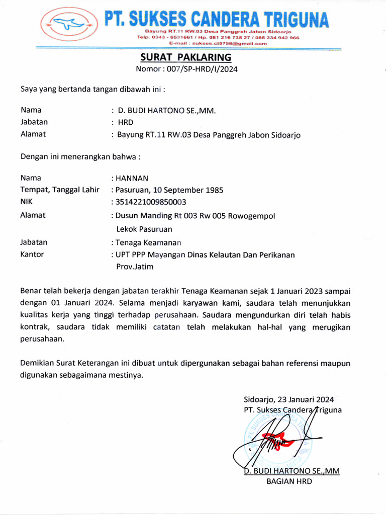 Surat Paklaring Hanan | PDF