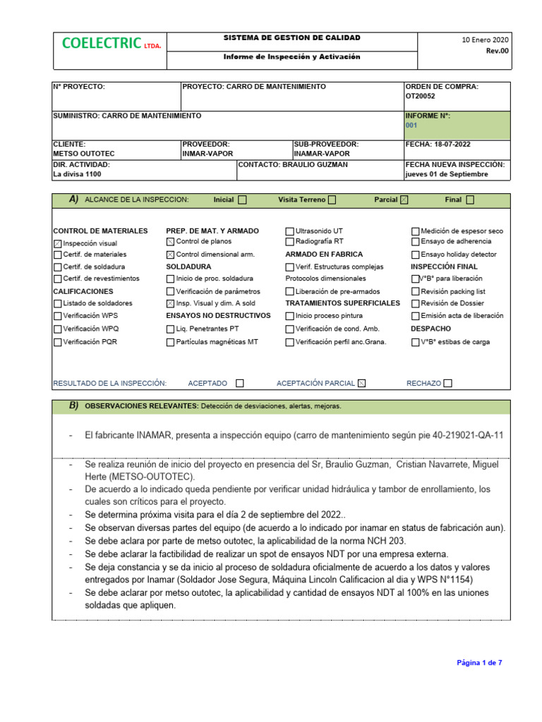 Informe de Inspección y Activación - EQUIPO CARRO - DE MANTENIMIENTO ...