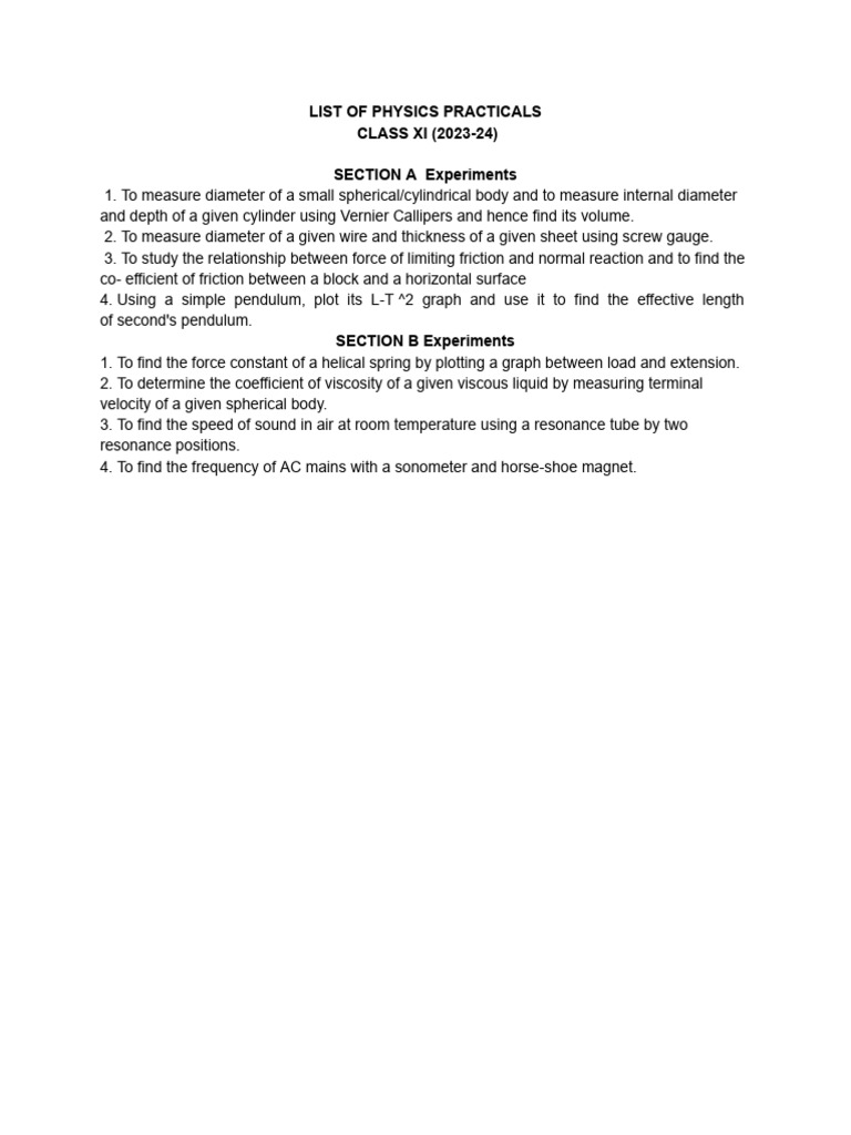 Class 11 Physics Practical List 2023-24 | PDF