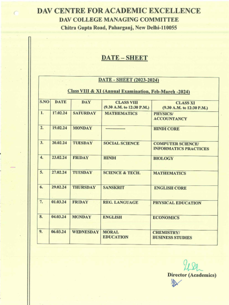 Final Date SheetVIII XI | PDF