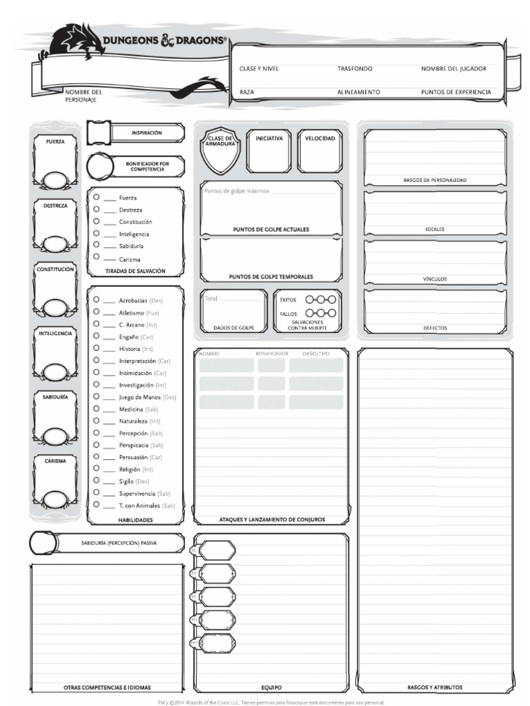 D&D Hojas de Personaje para Imprimir | PDF