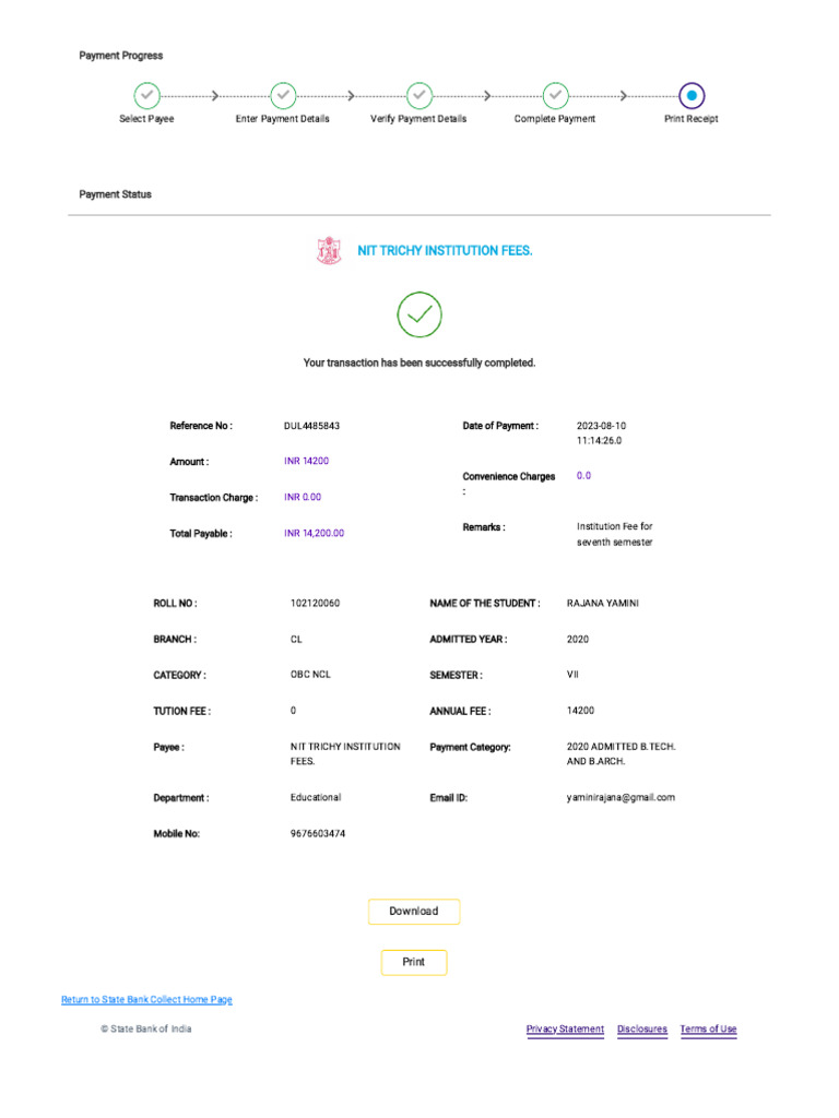 Institute Fee - 7th Sem | PDF | Payments | Banking
