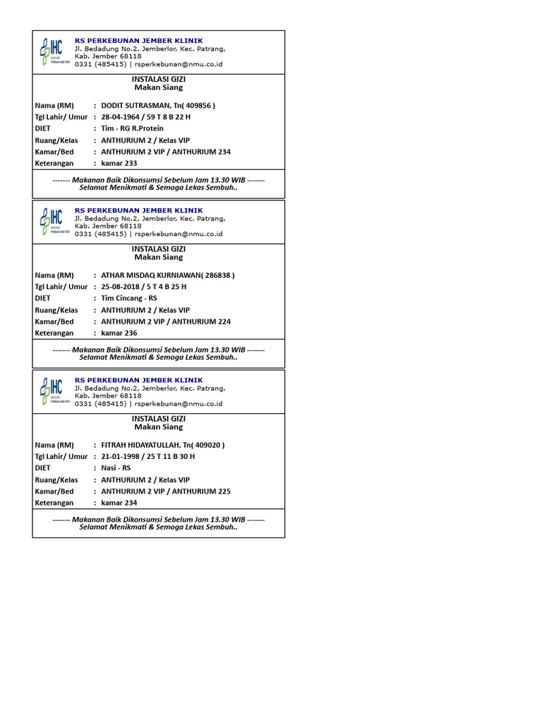 Label Menu Pasien | PDF