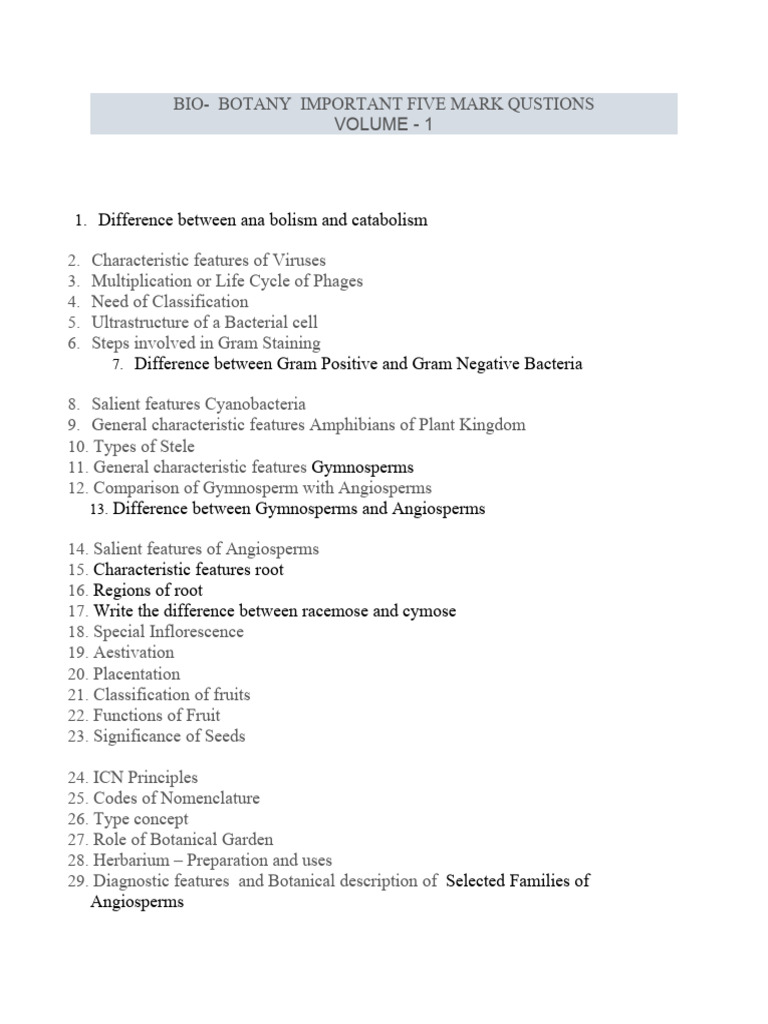 11th Bio Botany Important Public Questions Frequently Asked | PDF