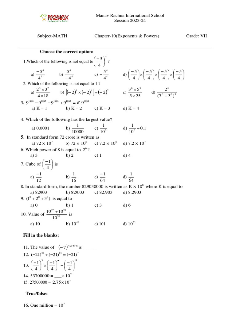 Assignment Worksheet - Exponents & Powers - 2023 | PDF