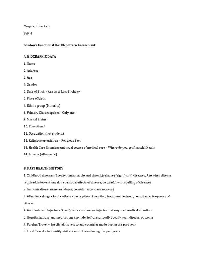Gordons Functional Health Pattern Assessment | Download Free PDF ...