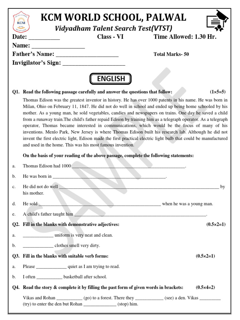 Class - 6 SAMPLE PAPER | Download Free PDF | Thomas Edison