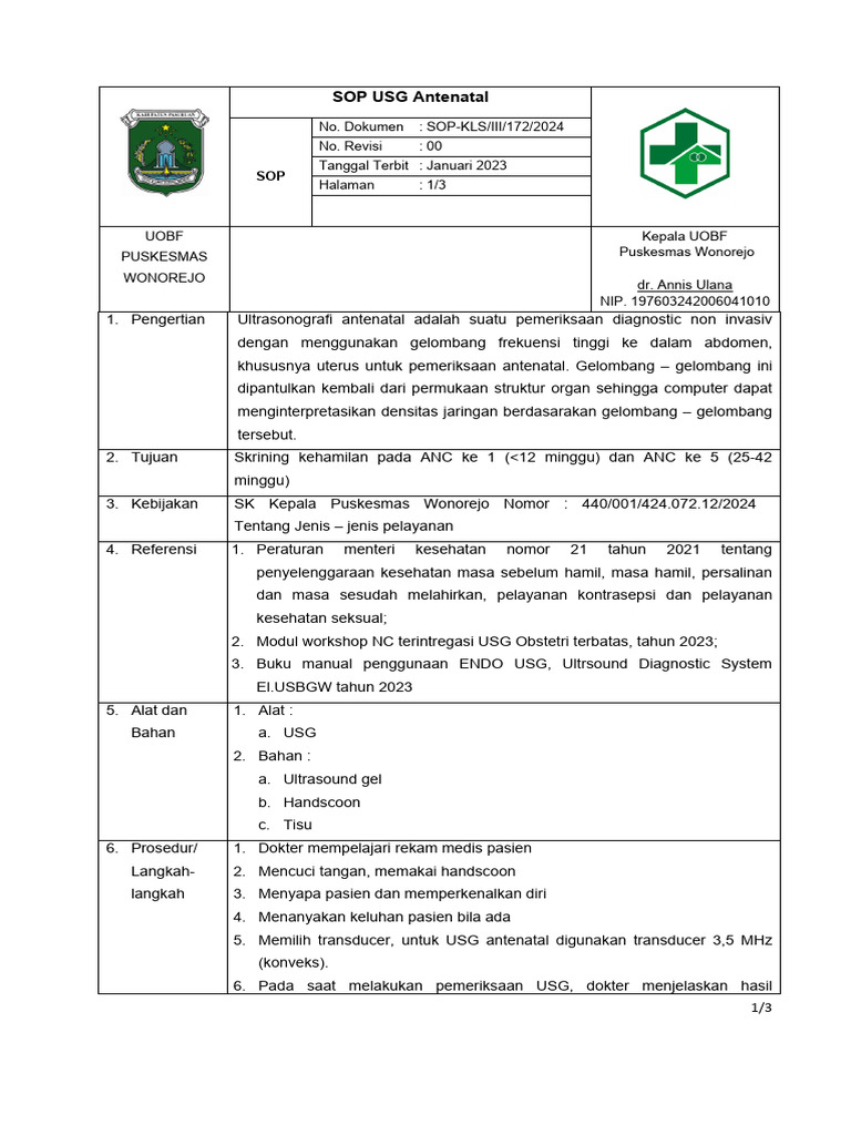 Sop Usg Antenatal | PDF | Kesehatan Holistik