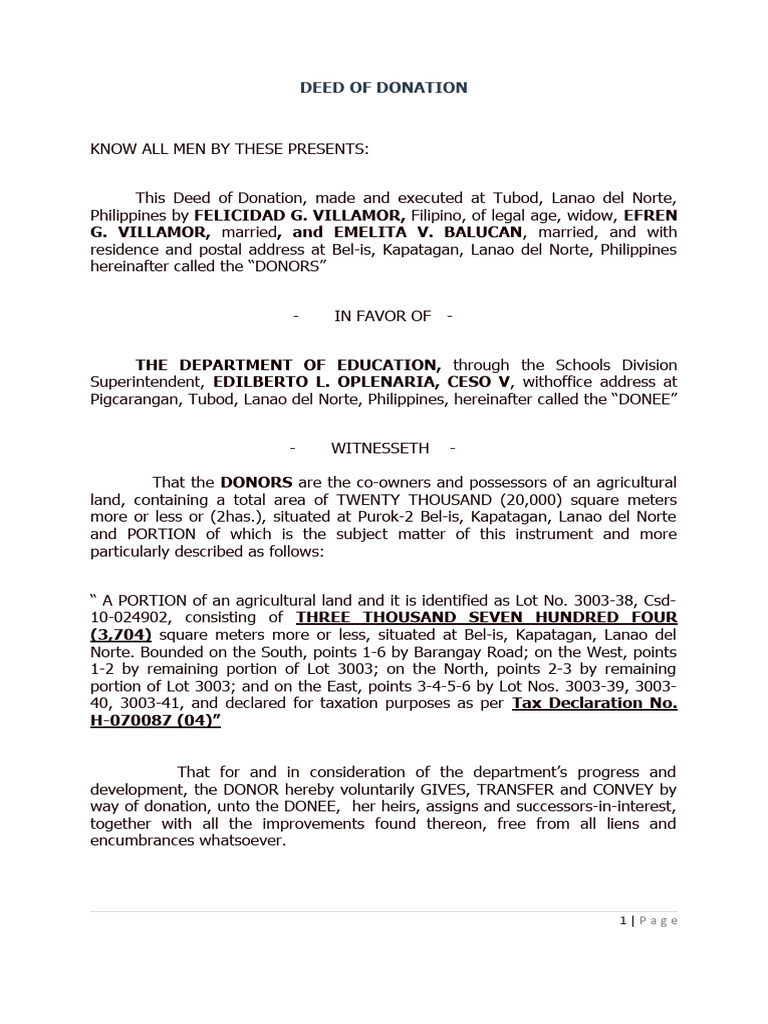 DEED OF DONATION Real Property Sample Tax Dec | PDF | Civil Law (Common ...