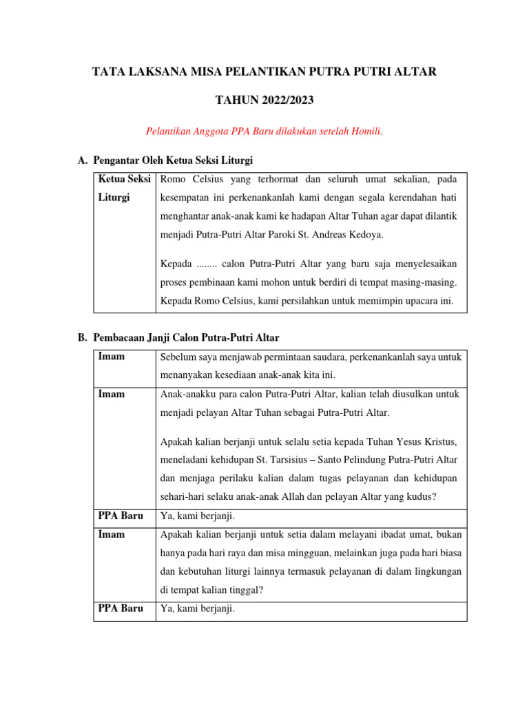 Tata Laksana Misa Pelantikan Putra Putri Altar 2022-2023 | PDF | Agama ...