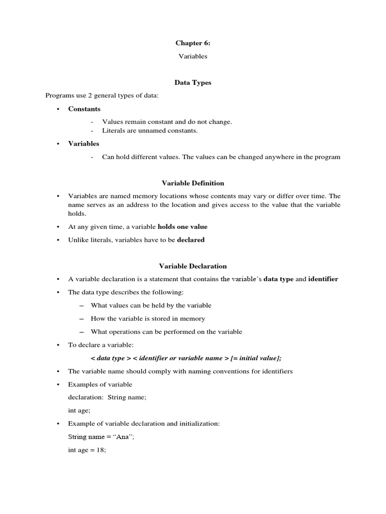 Module 1 - Chapter 6 Variables | PDF | Integer (Computer Science) | Data Type