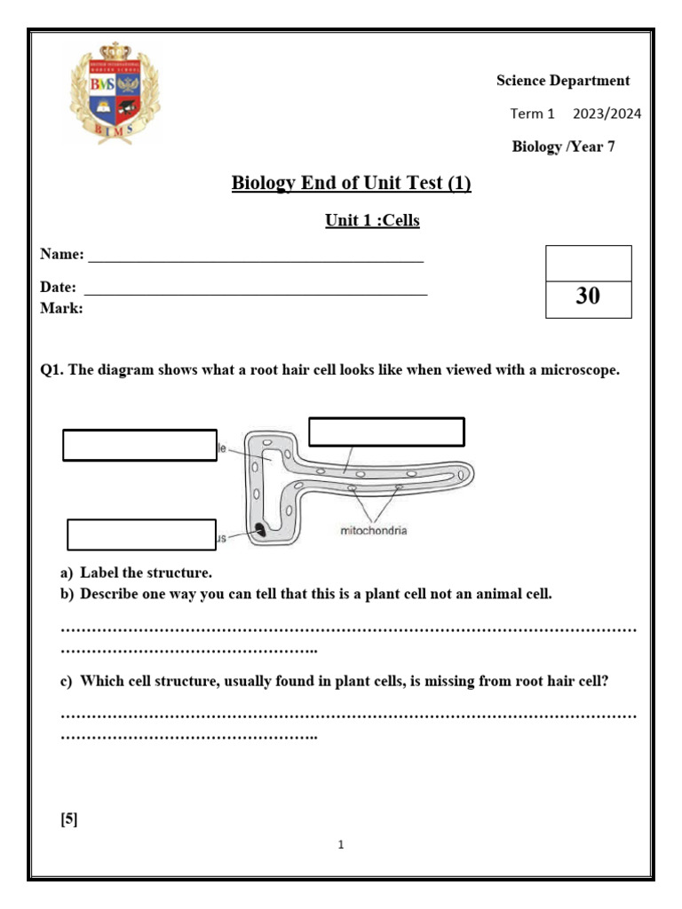 End of Unit 1 Test | PDF | Cell (Biology) | Photosynthesis