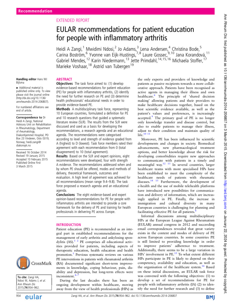 EULAR Recommendations For Patient Education For People With Inflammatory Arthritis | Download ...