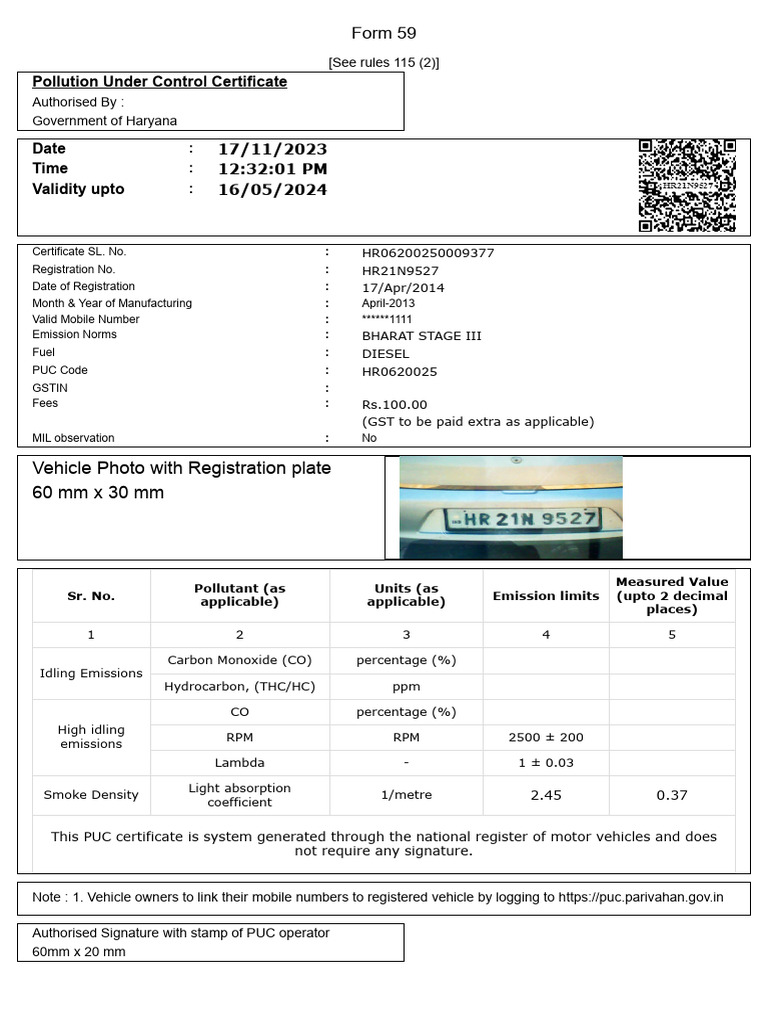 Pollution Under Control Certificate: Form 59 | PDF