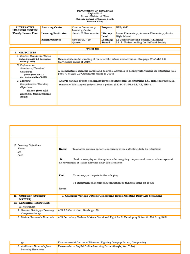 Brotamante. Refined LP. Copy of Lesson Plan | PDF | Learning | Teachers
