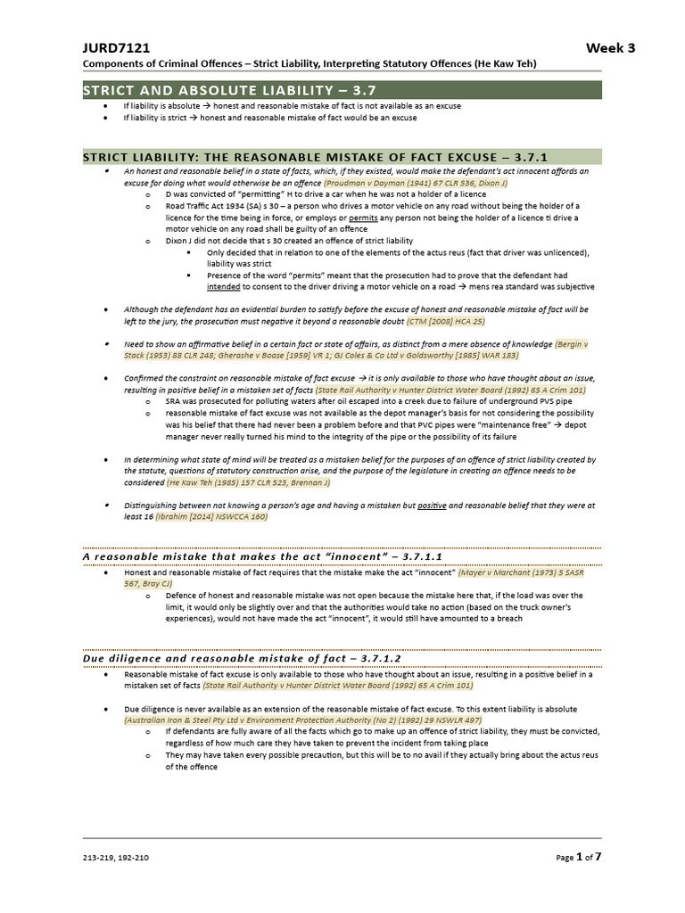 Week 3 Class 1 - Strict Liability, Interpreting Statutory Offences He ...