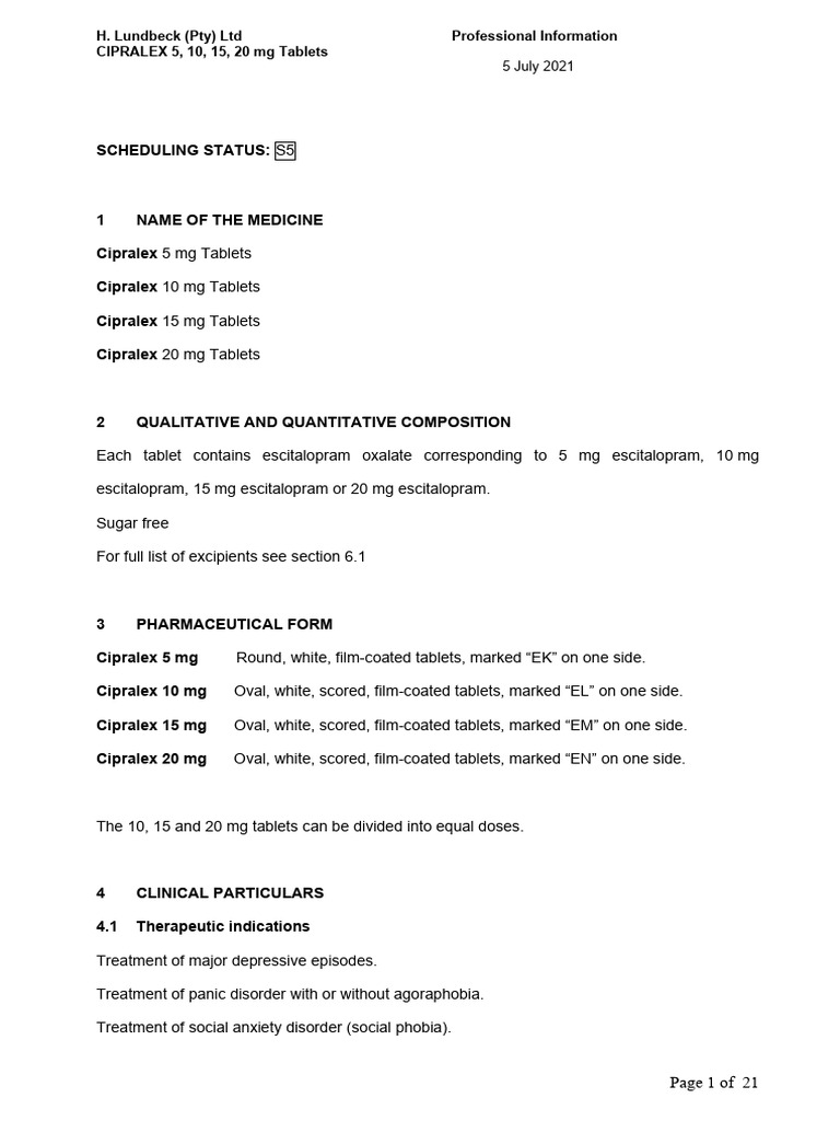 Cipralex 5, 10, 15, 20 MG Tablets Professional Information | PDF