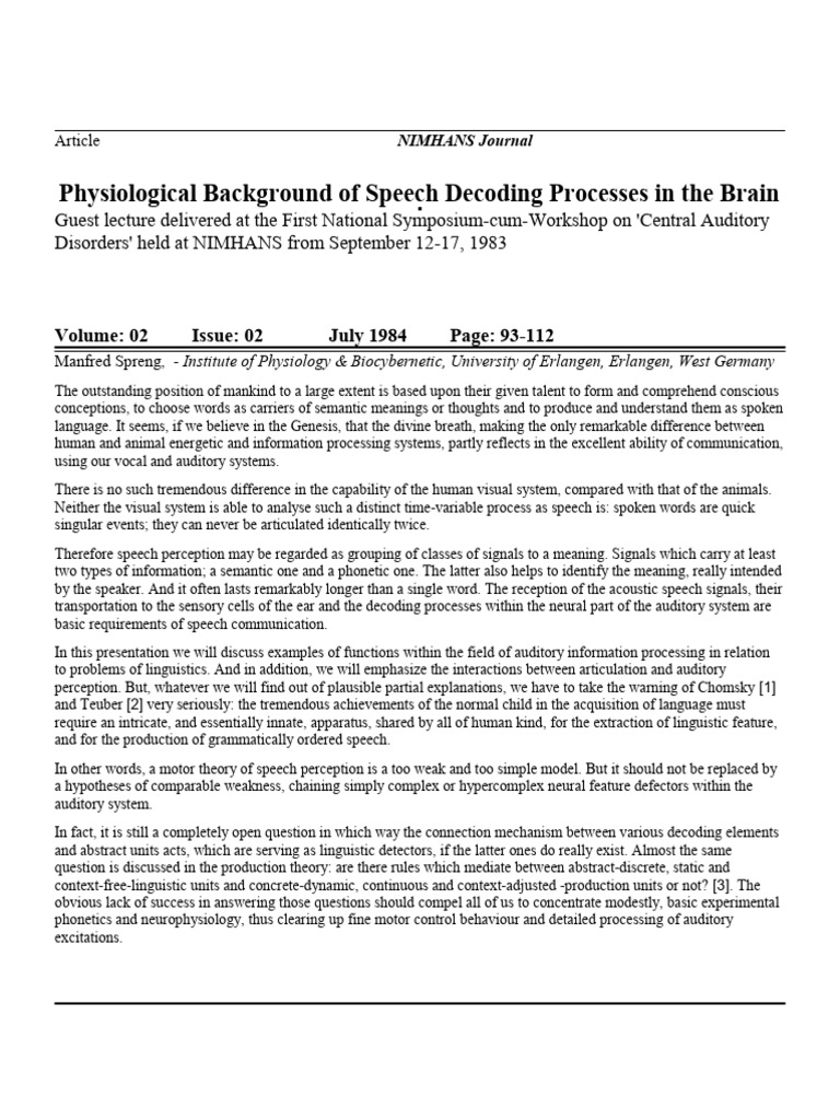 Physiological Background of Speech Decoding Processes in The Brain 93 112 | PDF | Speech | Sound