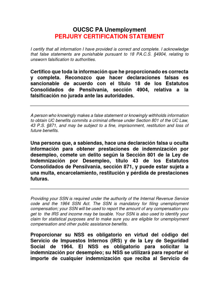 OUCSC PA Unemployment-PERJURY CERTIFICATION STATEMENT | PDF | Economias