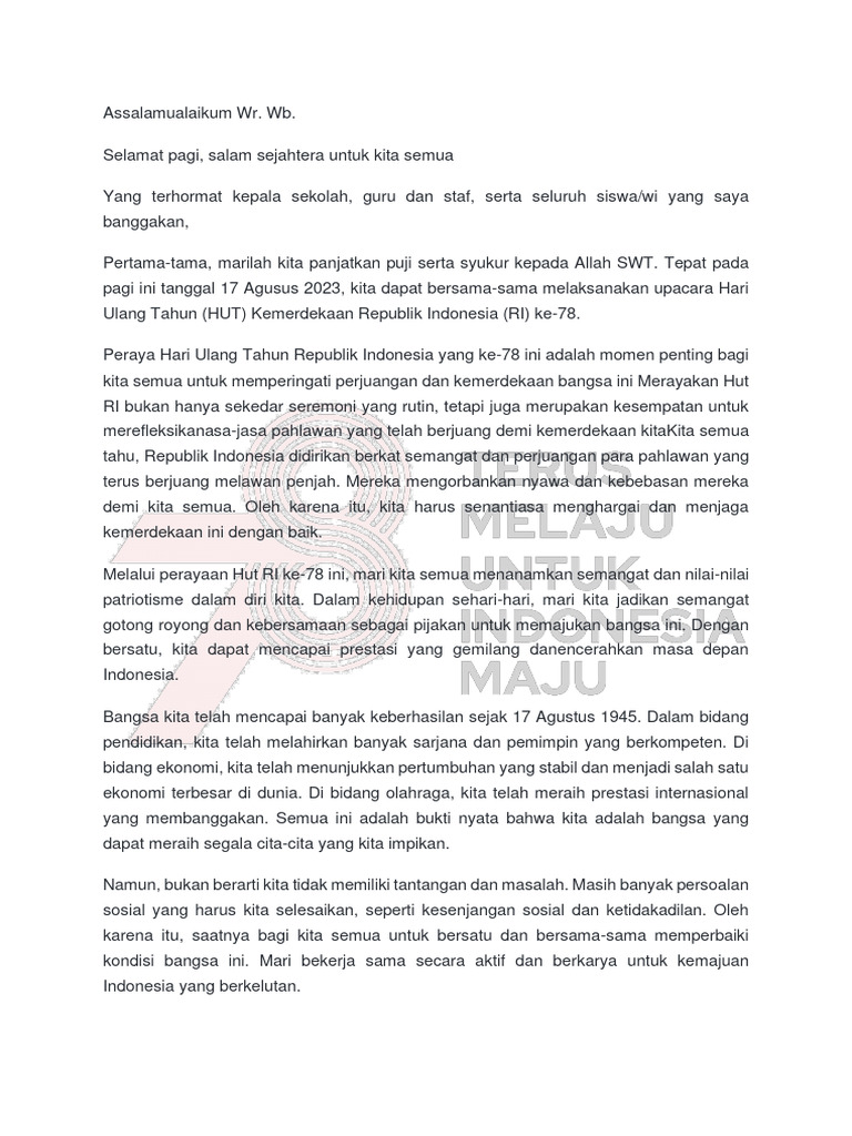 Naskah Pidato HUT RI Ke-78 Untuk Sekolah | PDF